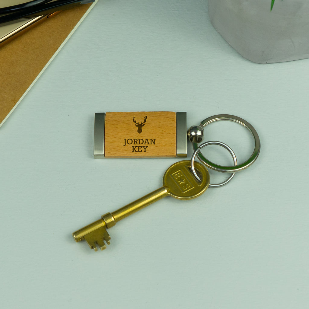 Personalised beech wood keyring. Name and graphical key fob gift ...