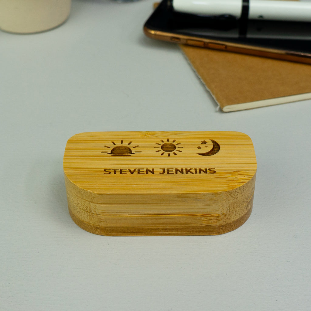 Personalised bamboo pill box. Pocket size daily medications organiser ...