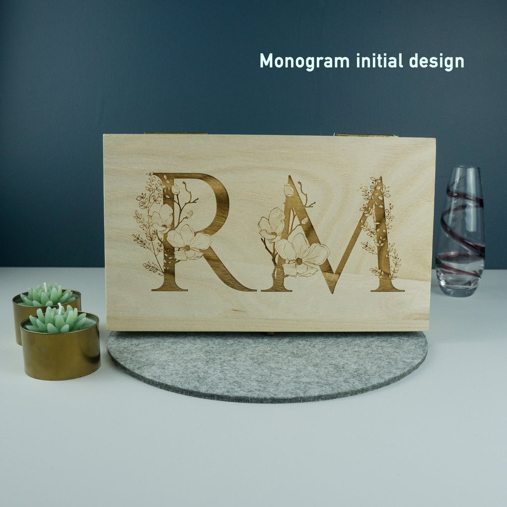 Floral wooden memory boxes. Monogram and flower wreath designs ...