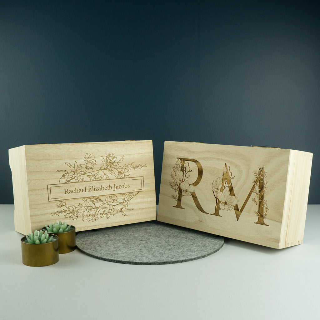 Floral wooden memory boxes. Monogram and flower wreath designs ...