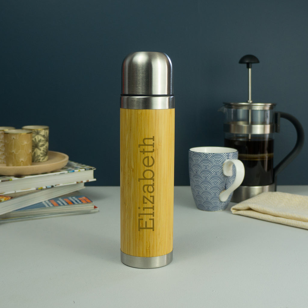 Personalised bamboo and metal vacuum flask. Light weight travel flask ...