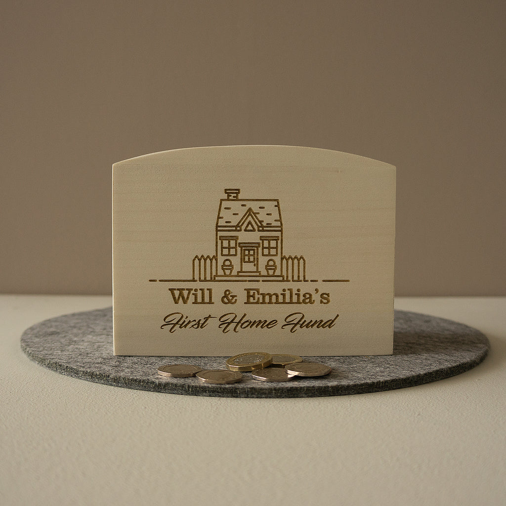 Personalised first home savings money box. Engraved wooden piggy bank ...