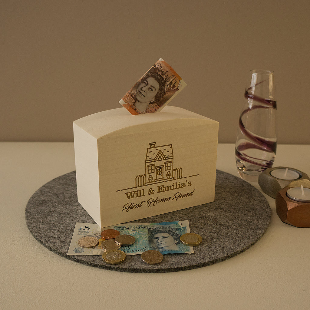 Personalised first home savings money box. Engraved wooden piggy bank ...