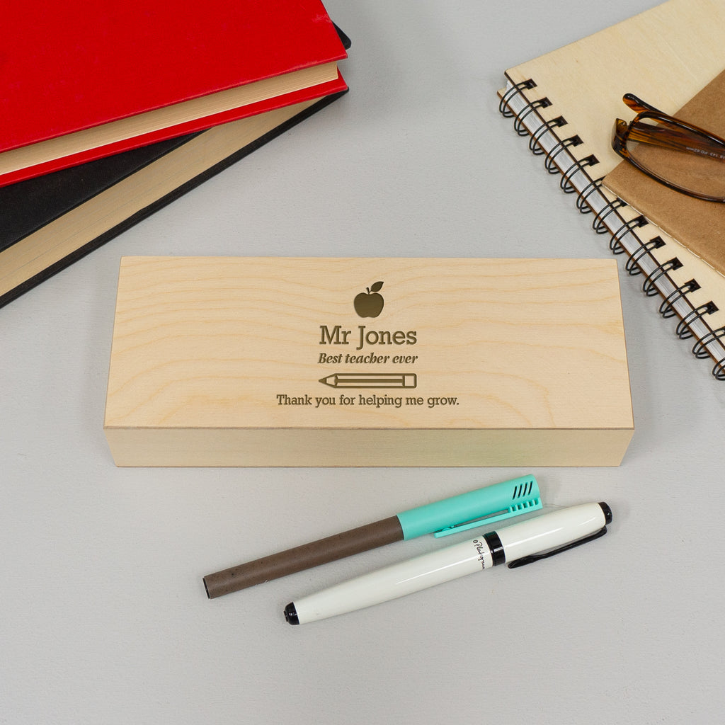Personalised wooden pen box. End of school year teachers gift present ...