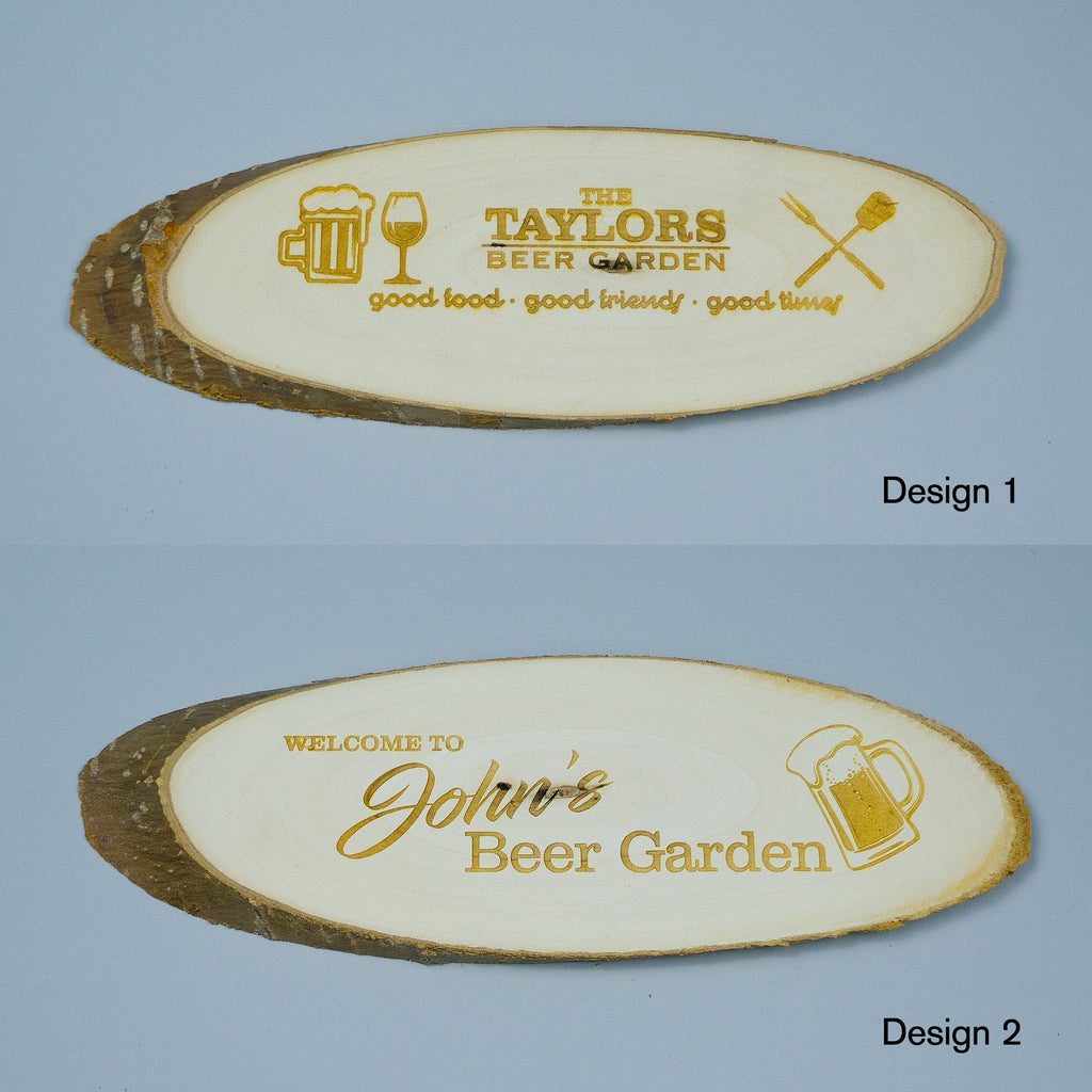 Real wood beer garden sign. Personalised poplar tree trunk name plaque ...